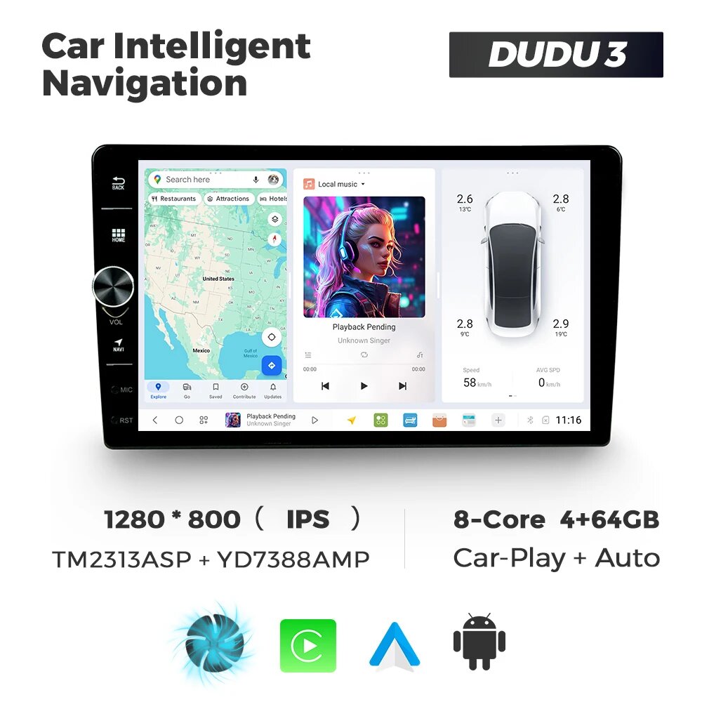 DUDUAUTO DUDU7 7870 9-дюймовый QLED-экран с ручкой Carplay Dual GPS DTS Android 13 DUDU3-4-64-9D