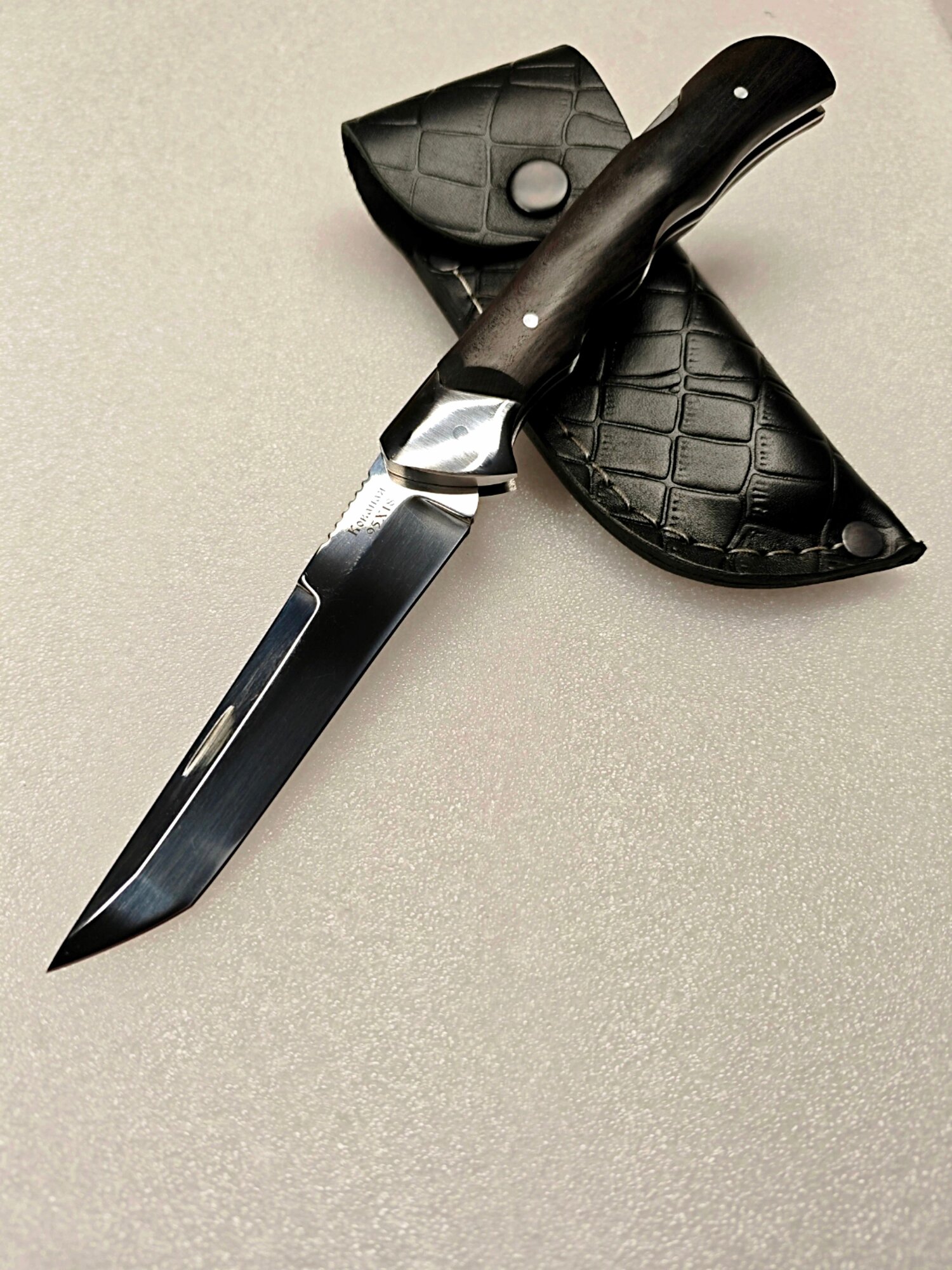 Нож складной Самурай Кованая 95х18 Черный Граб длина 25см ручная работа ножны натуральная кожа в комплекте