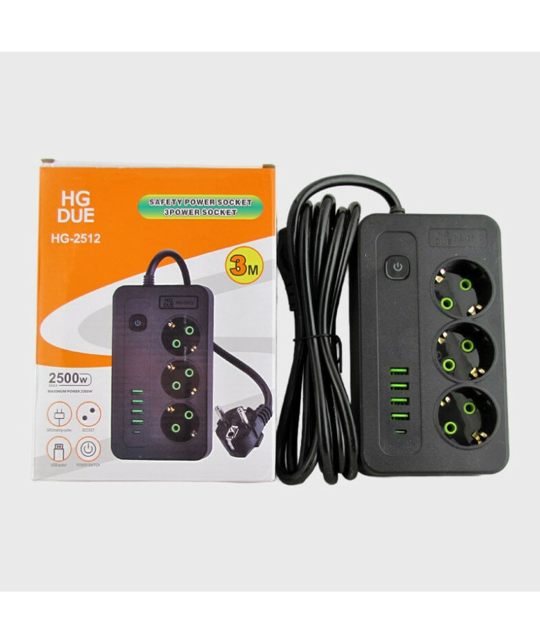 Сетевой фильтр 3 розетки + 4USB + TYPE-C HG-2512 3м