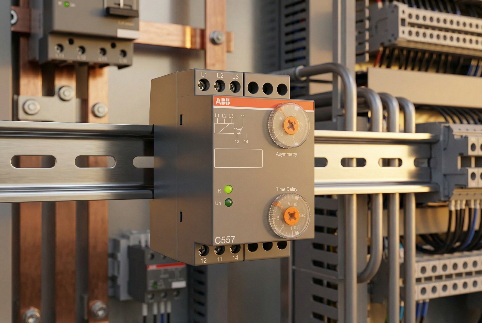 Реле контроля напряжения ABB C557 монтаж на DIN-рейку, 3 фазы