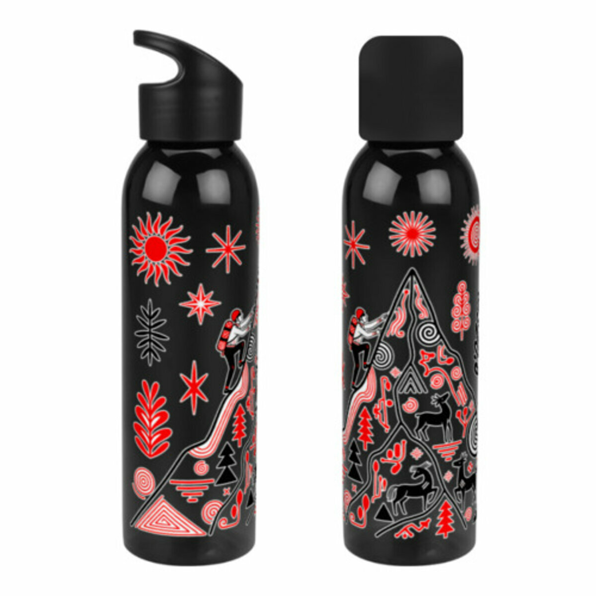 Бутылка для воды «Альпинист - скалолаз в стиле мезенской росписи» (черный)