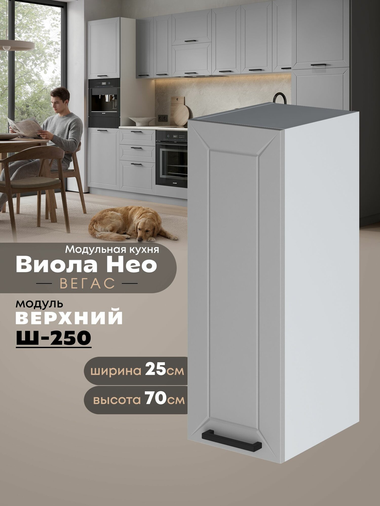 Кухонный навесной модуль Виола Нео Вегас Ш-250 (Лайт грей/Белый шагрень) высота 70,6см