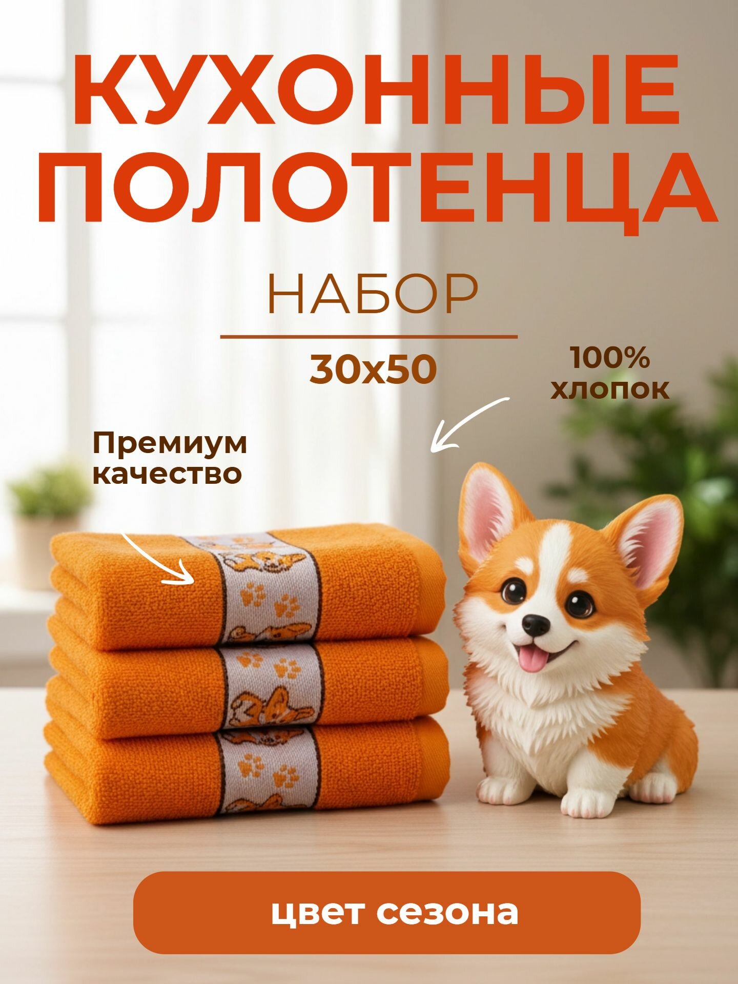 Набор 3 полотенца 30х50 Корги, махровые, 100% хлопок, кухонные, для рук