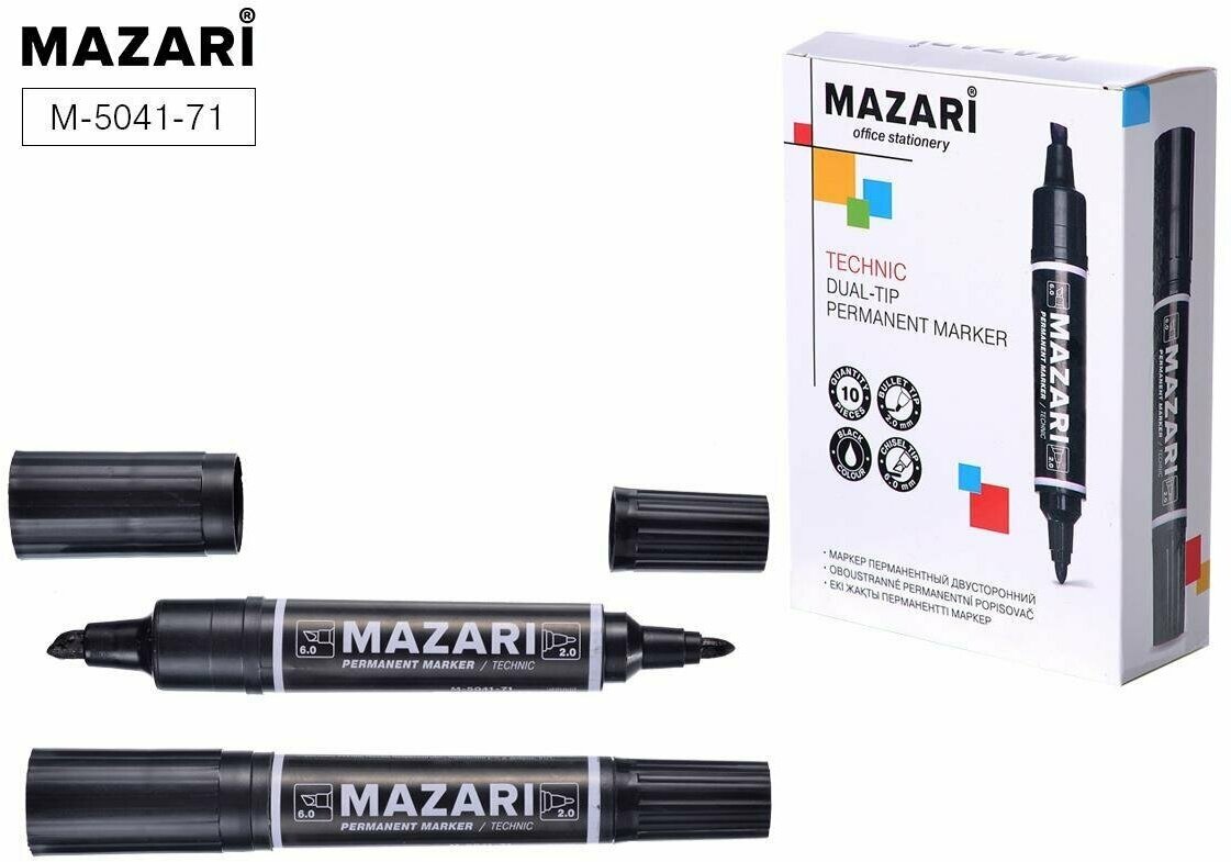 Маркер MAZARI Technic, 2- 6 мм перманентный, двусторонний, круглый, черный, 5 штук