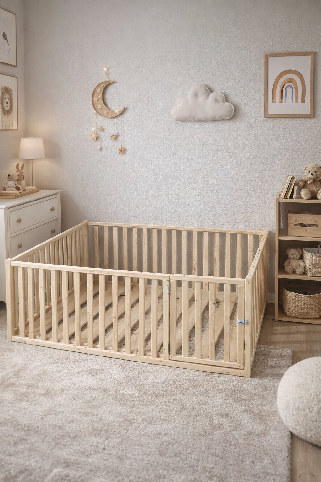 Кровать детская из массива напольная с вертикальными бортами Монтессори 160х200 с калиткой