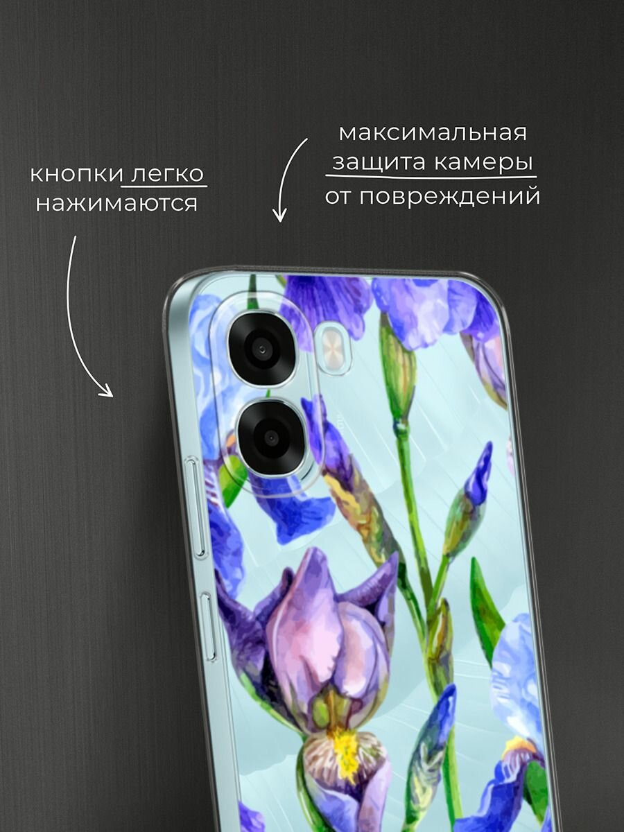 Чехол на Oppo A6x / Оппо A6x с принтом Синие ирисы, прозрачный — фото 1