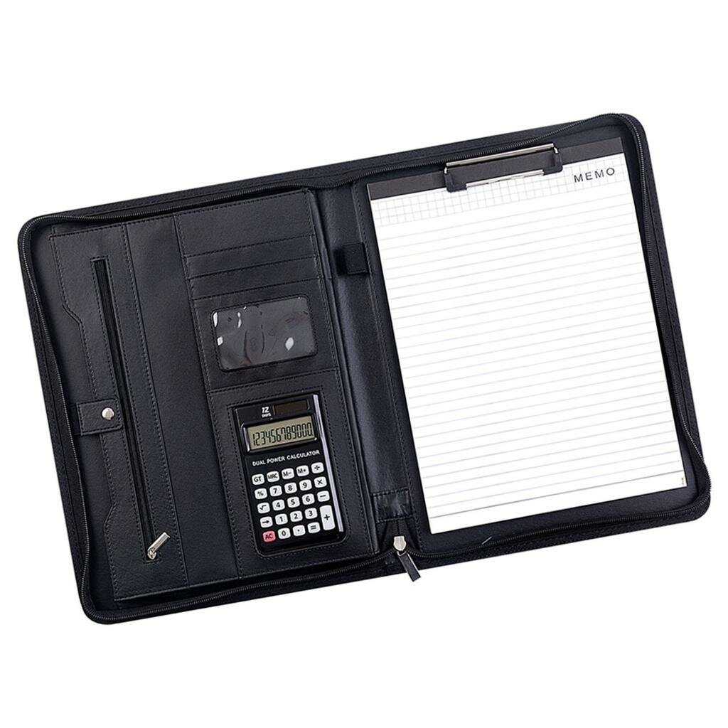 Кожаный конференц-фолдер с планшетом, Черный - С калькулятором
