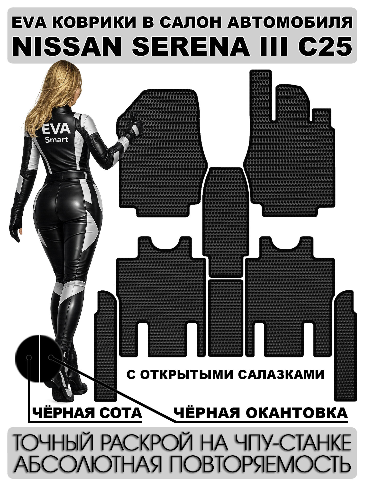 EVA коврики Nissan Serena III C25 правый руль 2005-2010 г. в. С открытыми салазками. Черная сота c черной окантовкой. ЭВА коврики в салон автомобиля Ниссан Серена Ц25