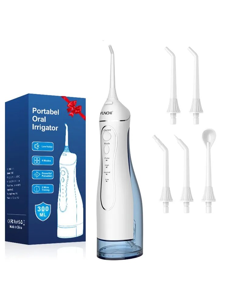 YUNCHi Портативный ирригатор для полости рта C102, 4 режима очистки, 300 мл, USB зарядка, IPX7, дорожный (белый)