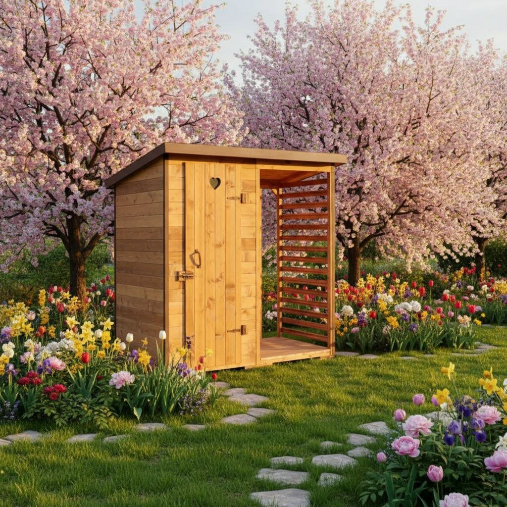 Дачная туалетная кабина с дровником деревянная.