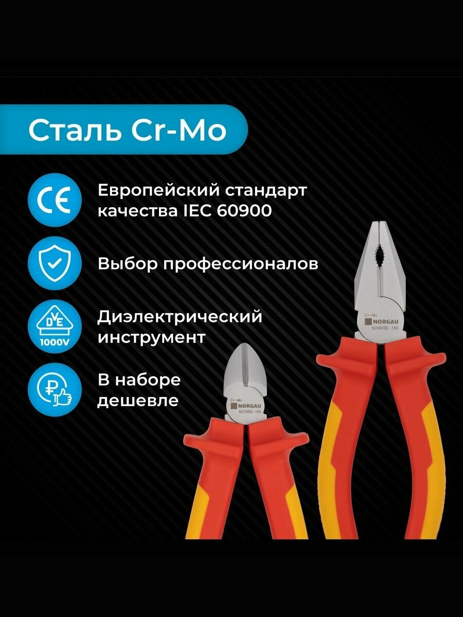 Набор электрика NORGAU Industrial пассатижи и бокорезы (кусачки) из Cr-Mo стали