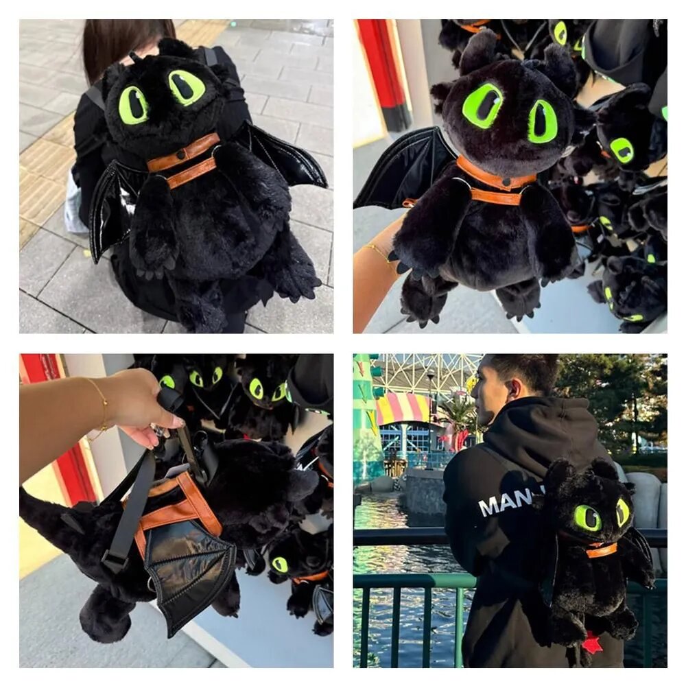 Рюкзак Toothless Беззубик, плюшевый для детей 45*15 см. Черный, для девочек и мальчиков — фото 1