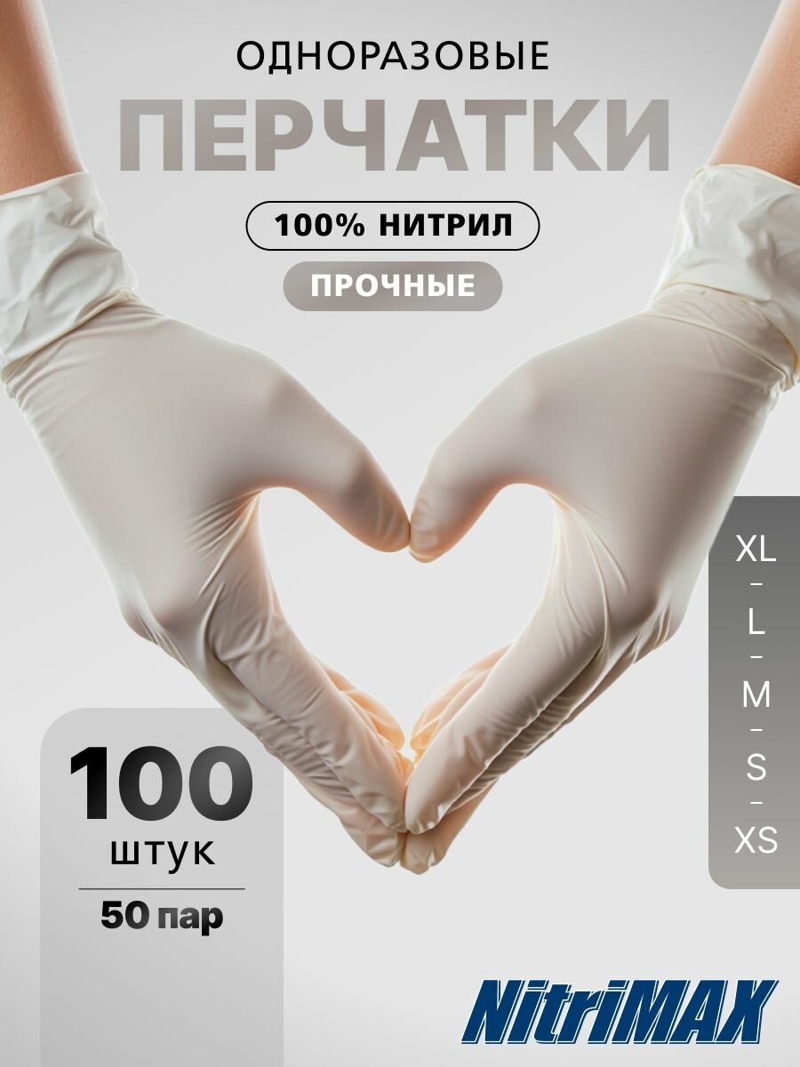 Перчатки нитриловые одноразовые белые NitriMAX, медицинские, хозяйственные плотные размер S 100 шт