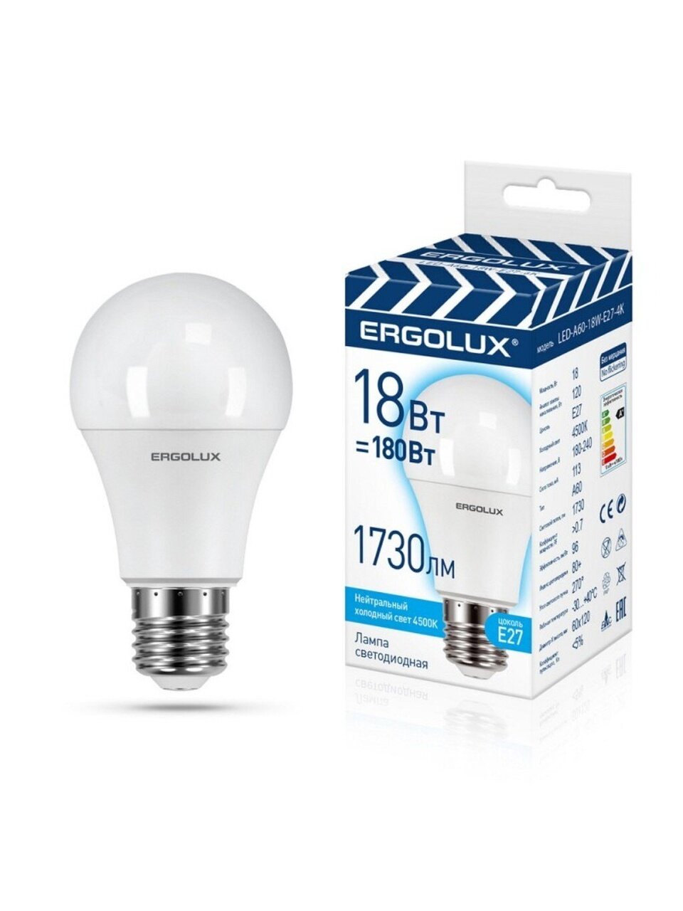 Светодиодная лампа Ergolux E27 18 Вт (180 Вт), 4500К нейтральный белый свет, форма груша, 1730 лм, 1 шт.