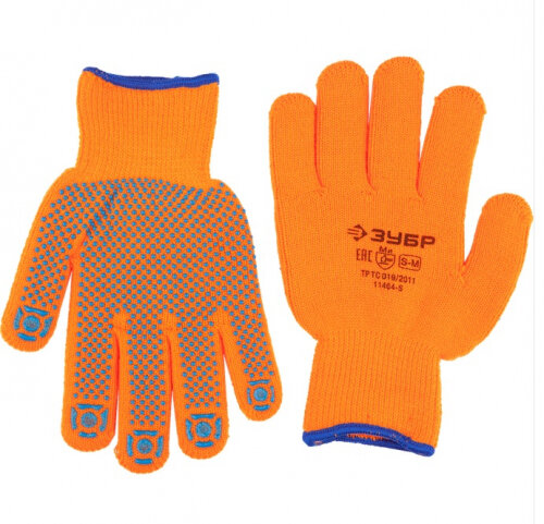 Перчатки Зубр Утеплённые ангара, акрил с начёсом, покрытие ПВХ (точка), сигнальный цвет, размер L-XL 11464-XL
