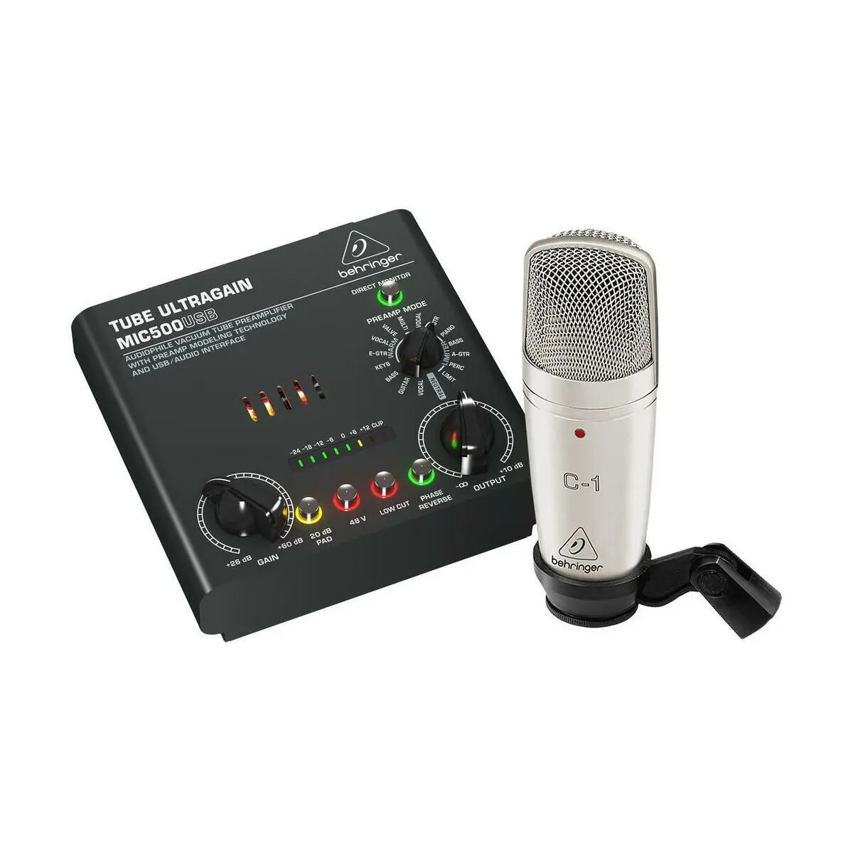 Студийный набор Behringer Voice Studio ламповый предусилитель/USB-аудиоинтерфейс MIC500USB, конденсаторный микрофон C-1