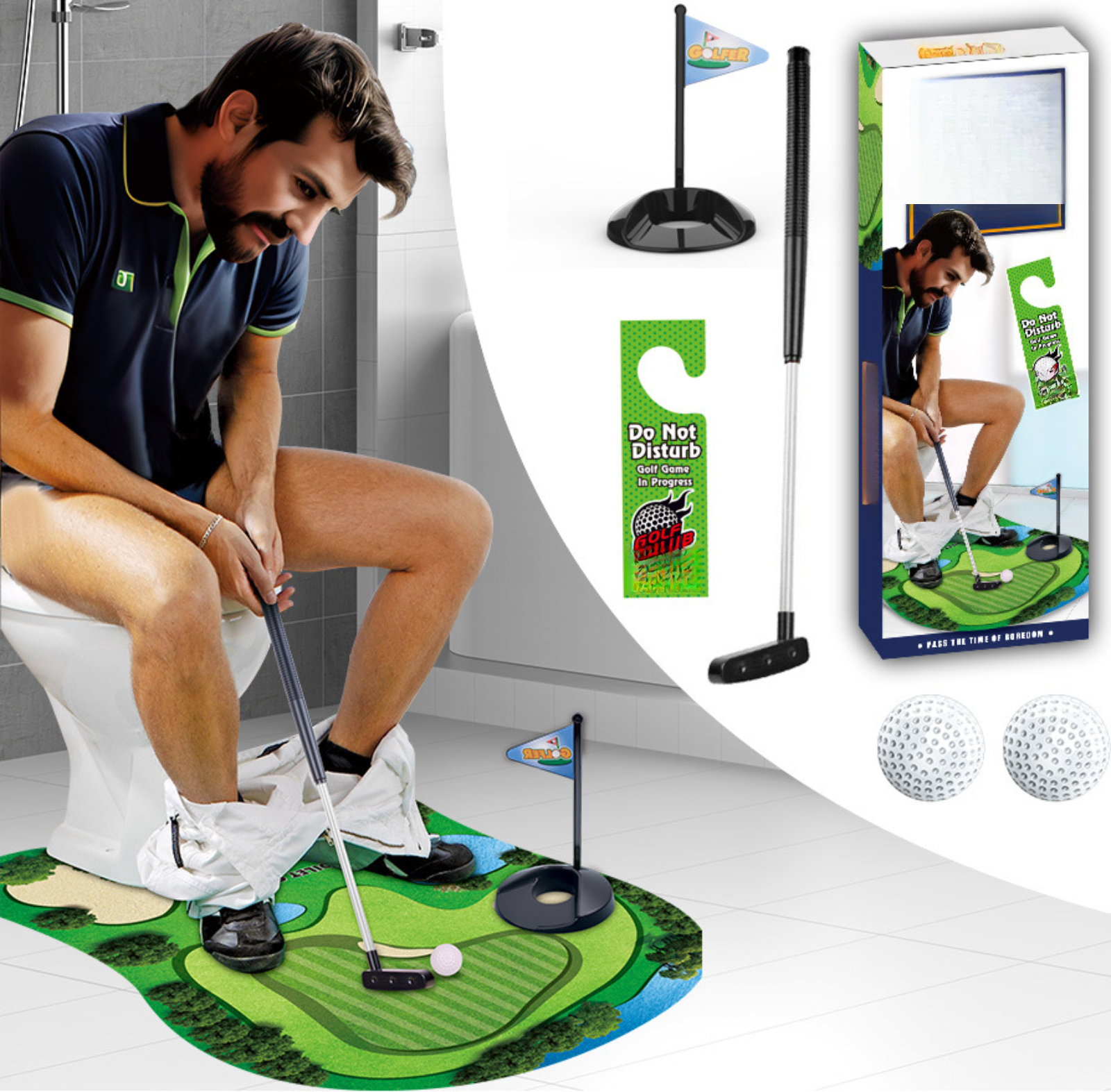 Игрушка для туалета Гольф Сцена Отдых Развлечение Спортивные Игрушки Мини Комплект Туалетный/Делюкс - 5-в-1, Мини гольф-клуб, 2 мяча для гольфа, коврик для птинга (с дизайнеми golf course), стойка для флага лунки, табличка "Не беспокоить", цветная