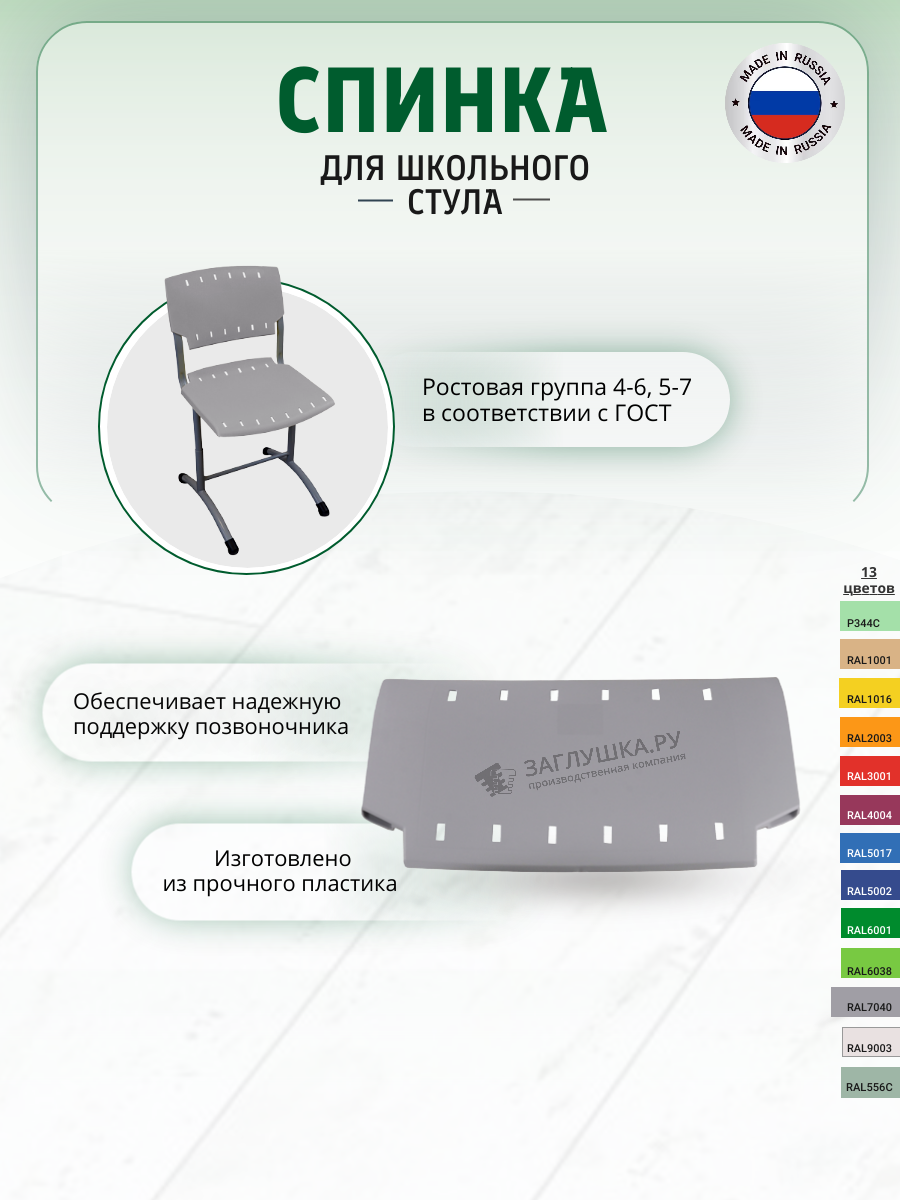 Спинка пластиковая для школьного стула, каркасов школьной мебели и каркасов изо