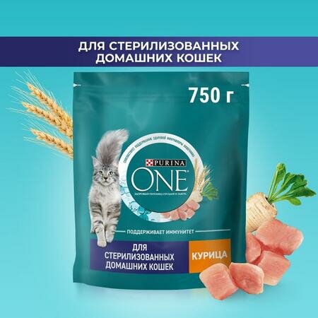 Purina ONE 2 шт по 750 г сухой корм для стерилизованных кошек и кастрированных котов, живущих в домашних условиях, с высоким содержанием курицы и цельными злаками