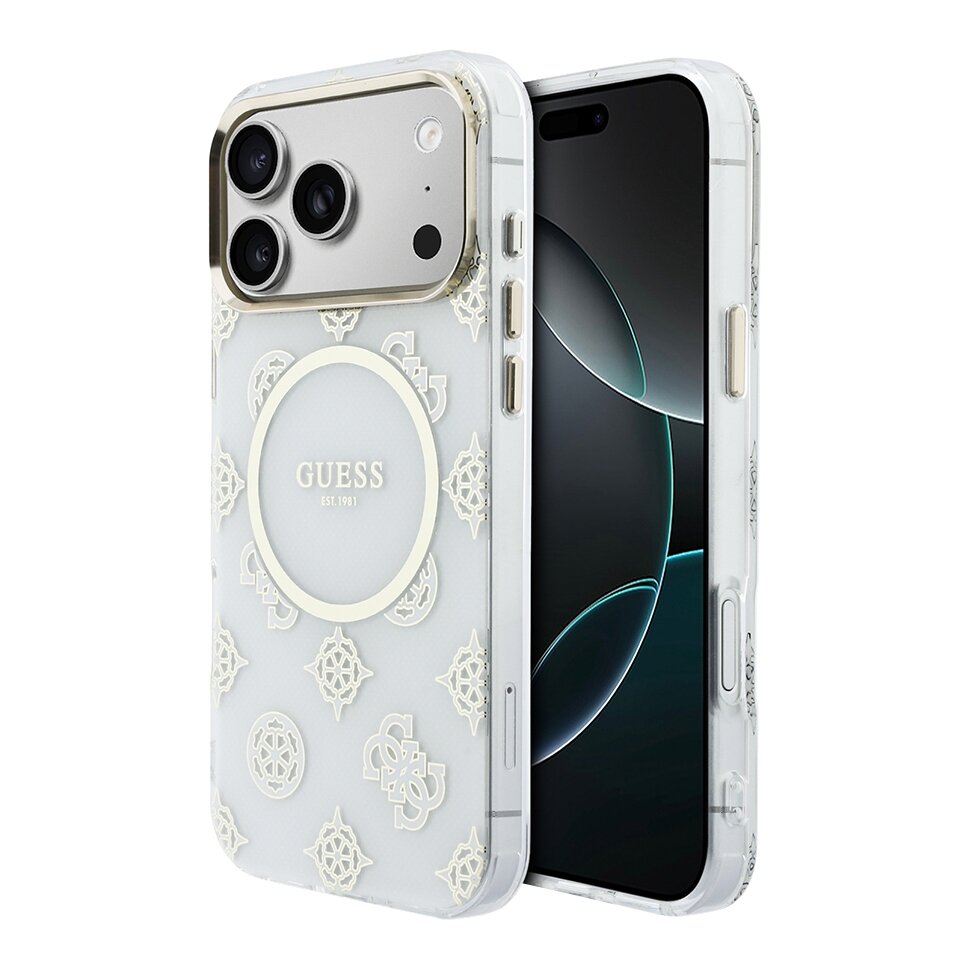 Guess чехол с MagSafe для iPhone 17 Pro Max, с принтом IML Peony Dots, с метал. рамкой камеры, белый