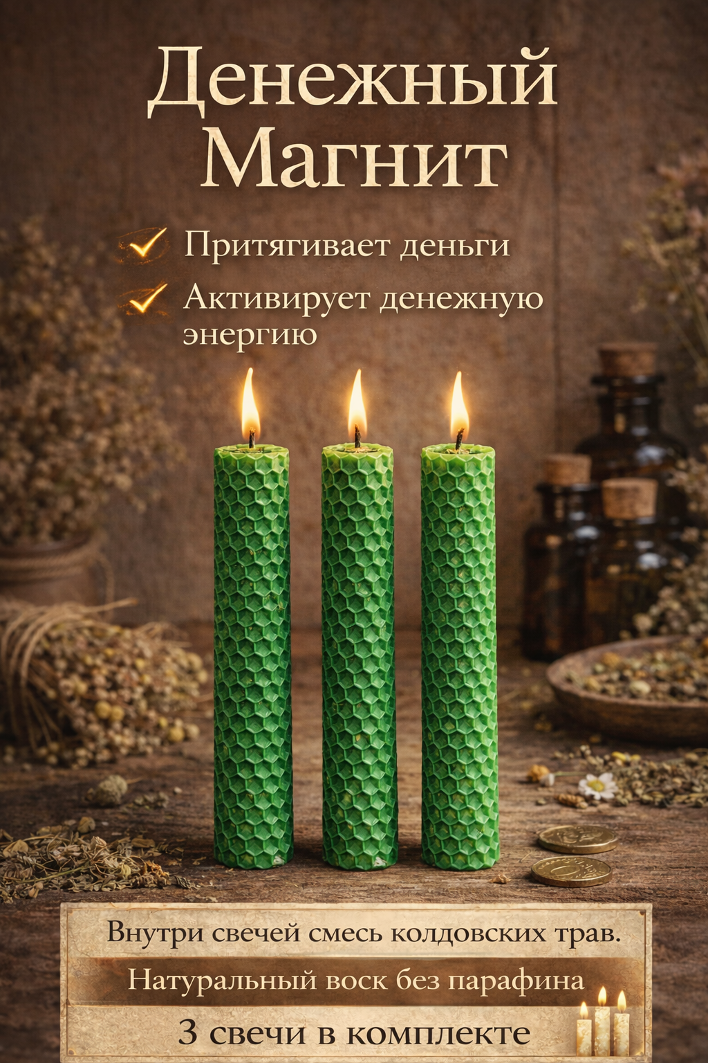 Свечи из вощины программные Денежный магнит. Комплект свечей + мощный ритуал в комплекте.