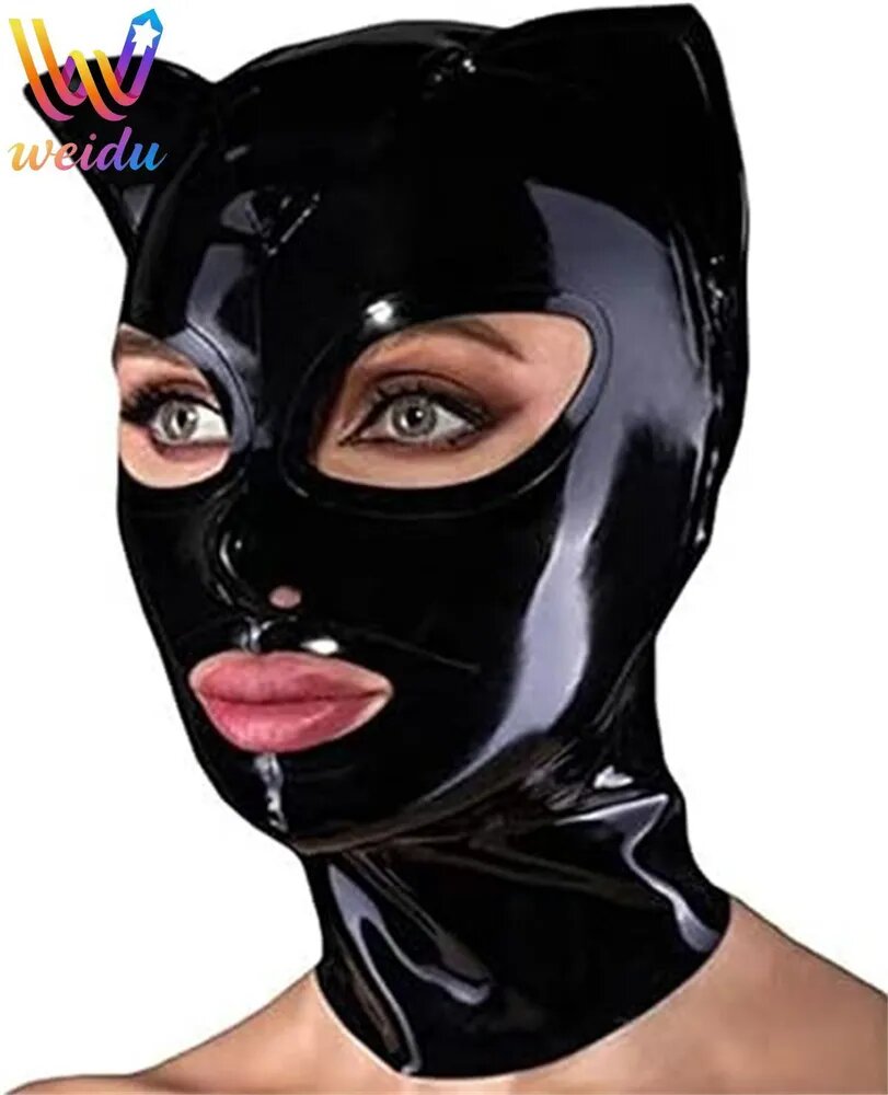 БДСМ одежда Черный латексный капюшон с кошачьими ушками