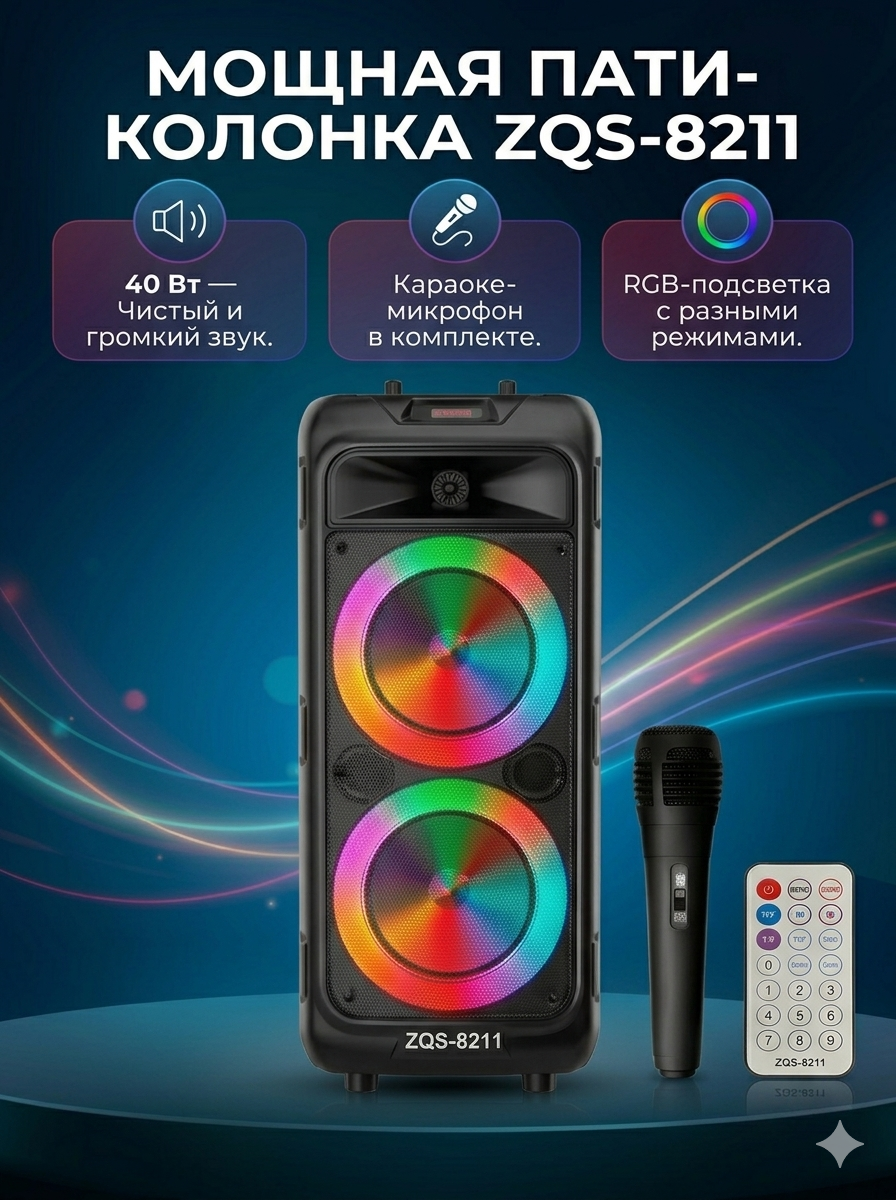 Портативная колонка BT SPEAKER ZQS-8211 Bluetooth, с микрофоном для караоке, FM, MP3 и подсветкой