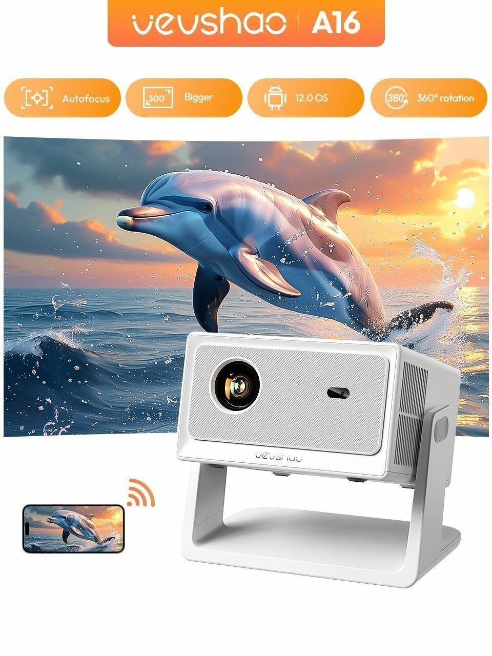 Проектор VEVSHAO A16 Портативный проектор Native 1080P с автофокусом, коррекцией трапецеидальных искажений, Bluetooth 5.2, Android 12, WIFI6, домашний кинотеатр 360