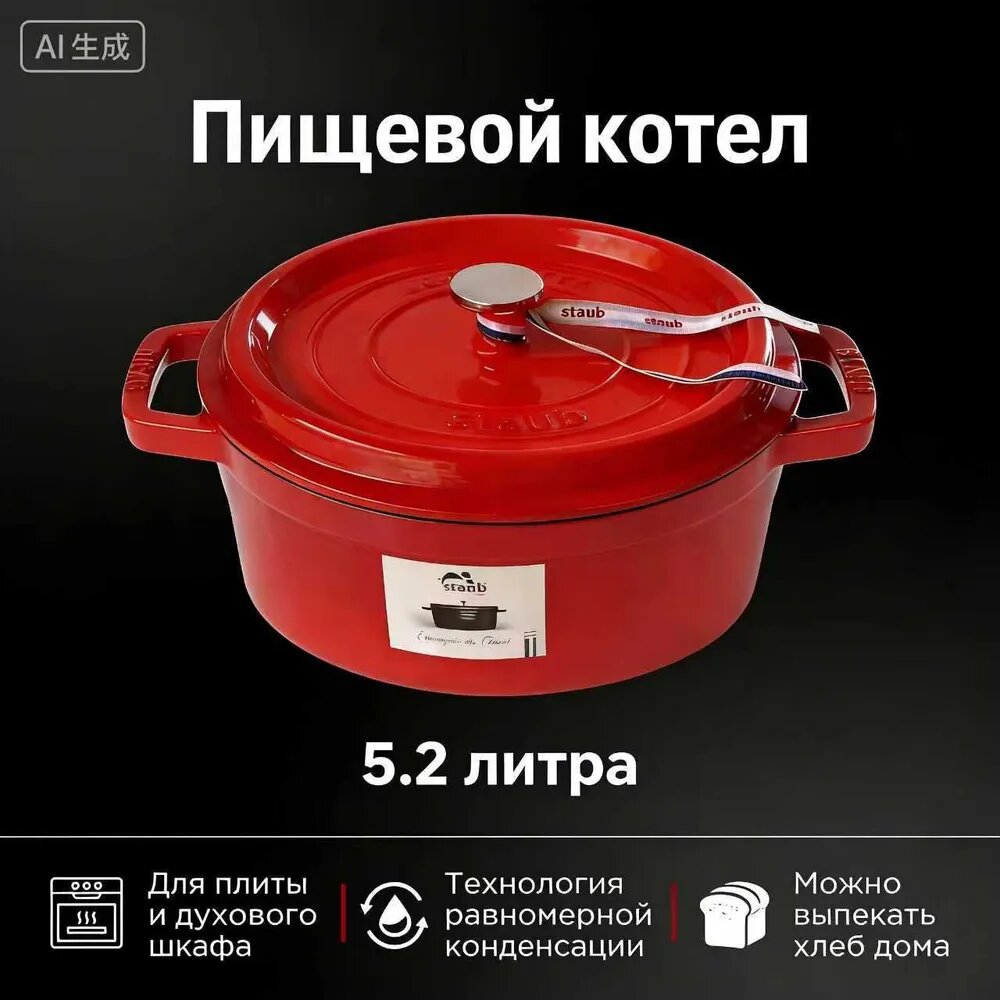Staub Пищевой котел чугунный 5.2 л для плиты и духовки, можно выпекать хлеб дома