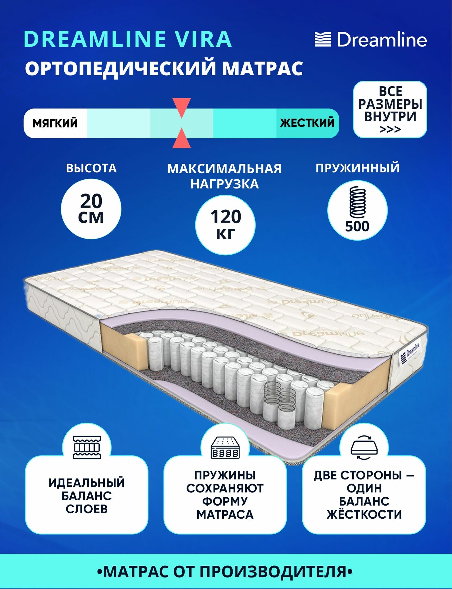 Матрас Dreamline Vira 85х180 серии Lux высота 20 см анатомический средней жесткости Независимые пружины