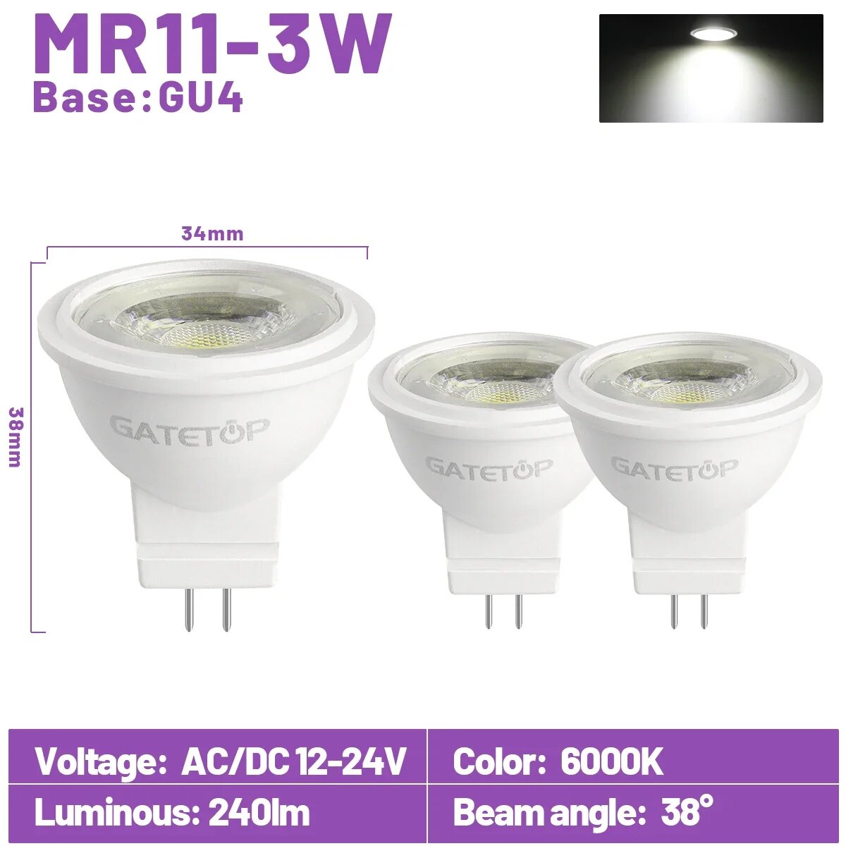 3 шт. LED лампы Gatetop MR11-3W GU4 6000K, 12-24В, 38°