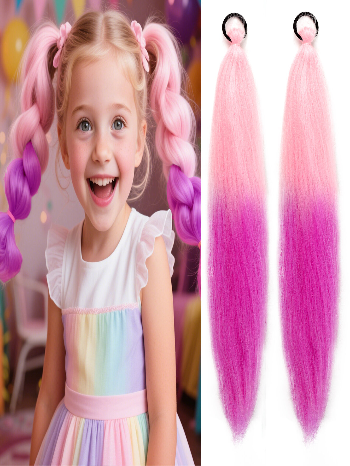 2 шт. 26 дюймов: Разноцветные детские пряди для DIY плетения Термостойкие синтетические наращивания (косы/конский хвост) Пушистые длинные волосы для девочек и праздничных образов