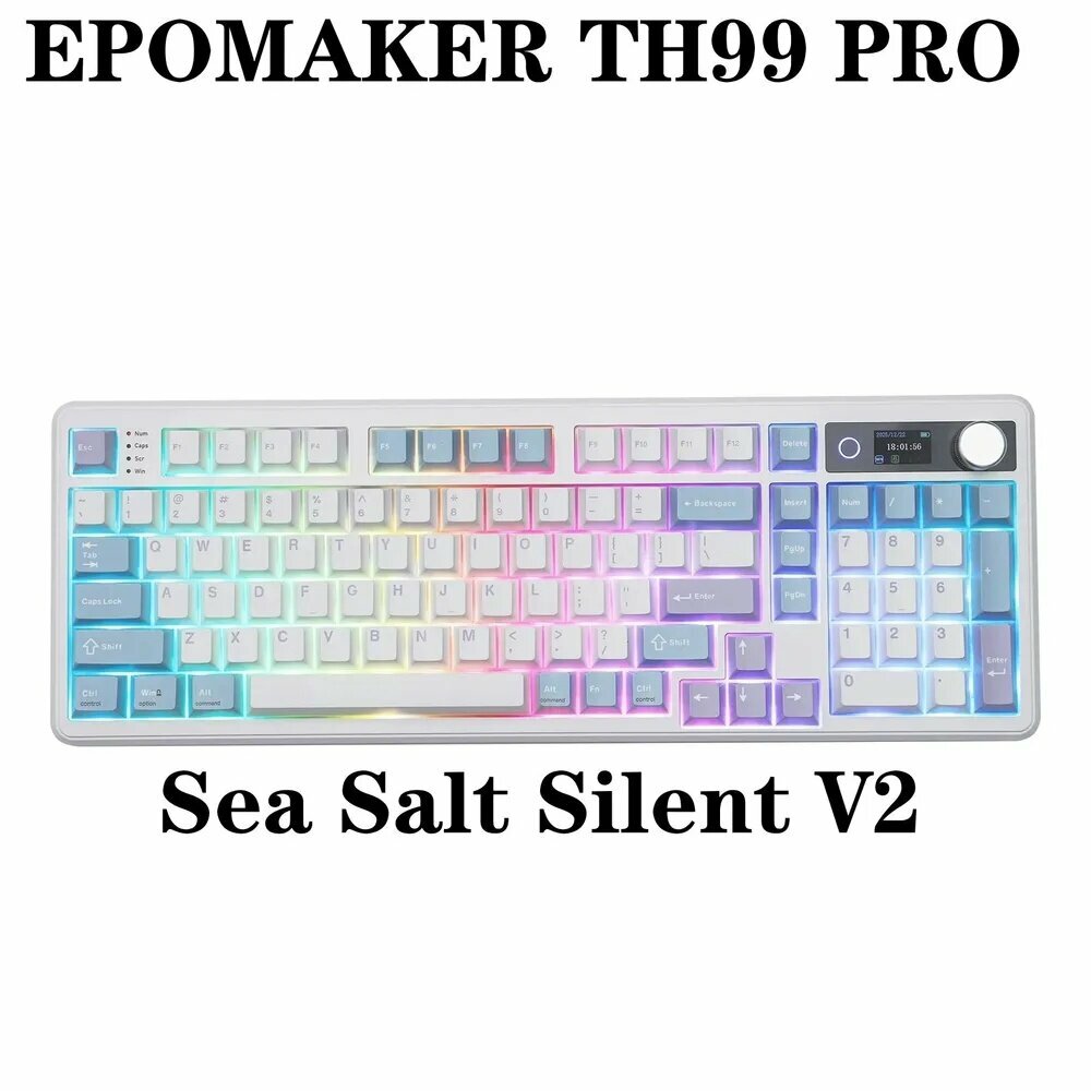EPOMAKER Игровая клавиатура беспроводная EPOMAKER TH99 PRO — механическая игровая клавиатура 96% с экраном, ручкой регулировки и трёхрежимным подключением (Bluetooth / 2.4 ГГц / проводная), (Sea Salt Silent V2 Switch), Английская раскладка, лазурный, белый