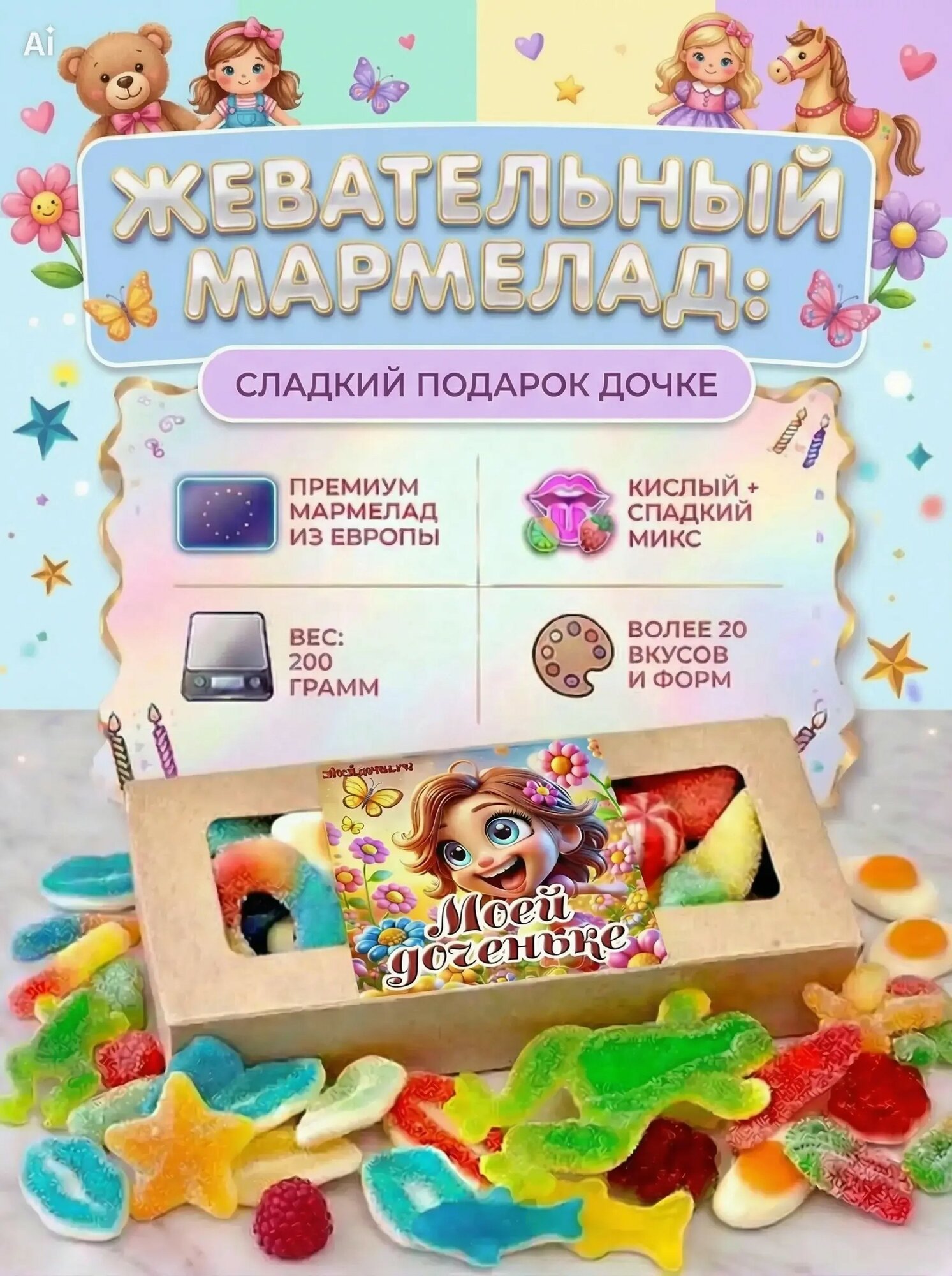 Мармелад жевательный набор сладостей милый подарок дочке из Европы 200 гр
