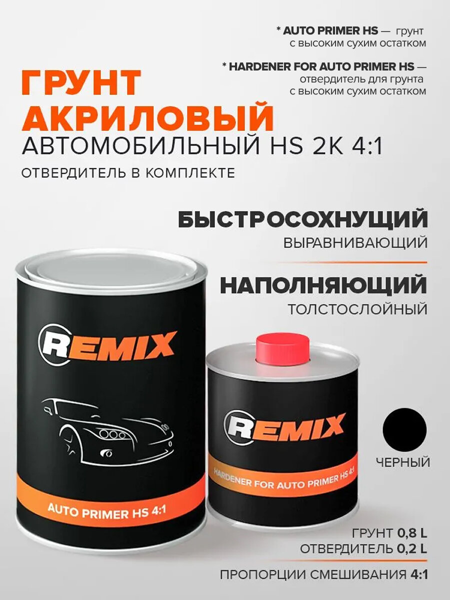 Грунтовка для автомобиля 2к 4+1 HS с высоким сухим остатком черная 0,8л+0,2л отвердитель, акриловая / REMIX /