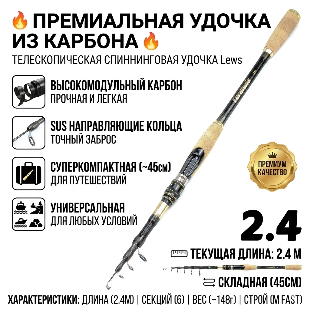 Спиннинг телескопический карбоновый 1.65-2.7м 24T 6 слоев, EVA ручка, керамические кольца, для моря и реки, ультралайт
