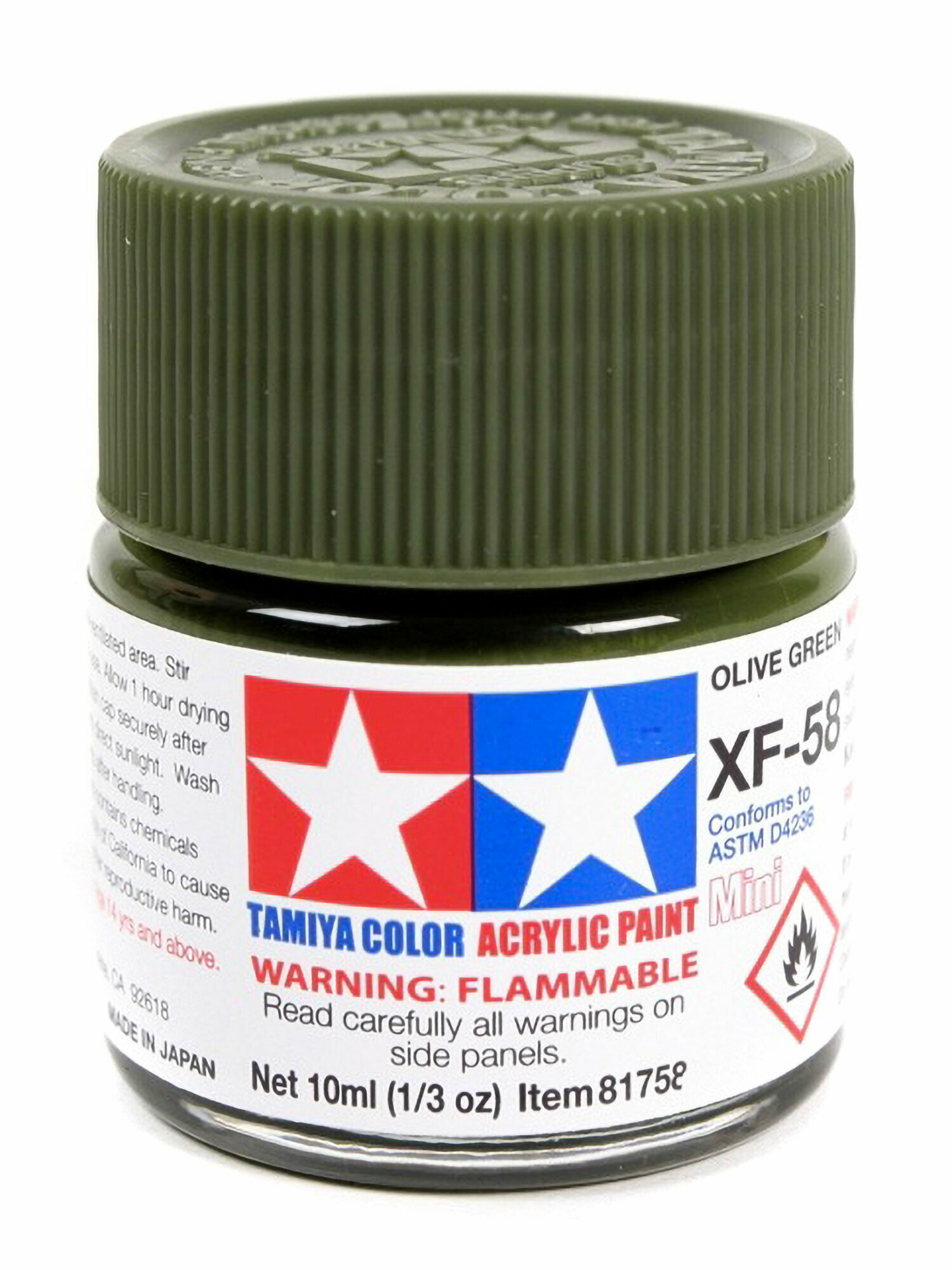 Краска акриловая Tamiya Color XF-58 Olive Green 81758 оливковая зеленая матовая, 10 мл