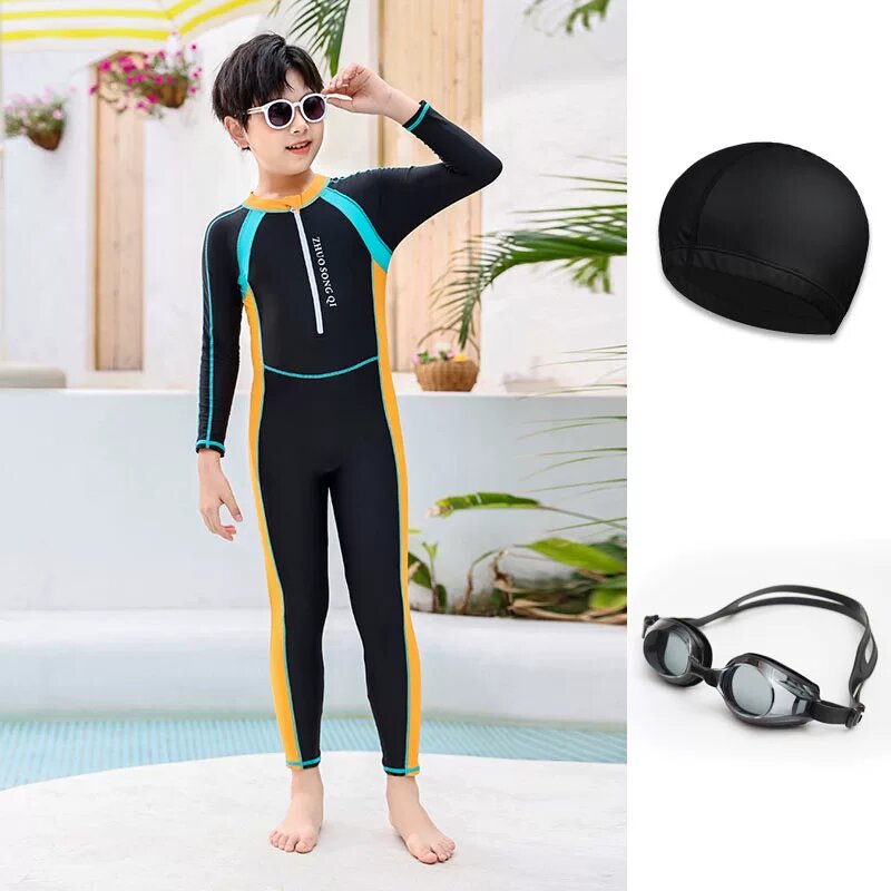 Детский купальник для мальчиков с защитой от солнца, цельный купальник с длинными рукавами и штанами, в комплекте