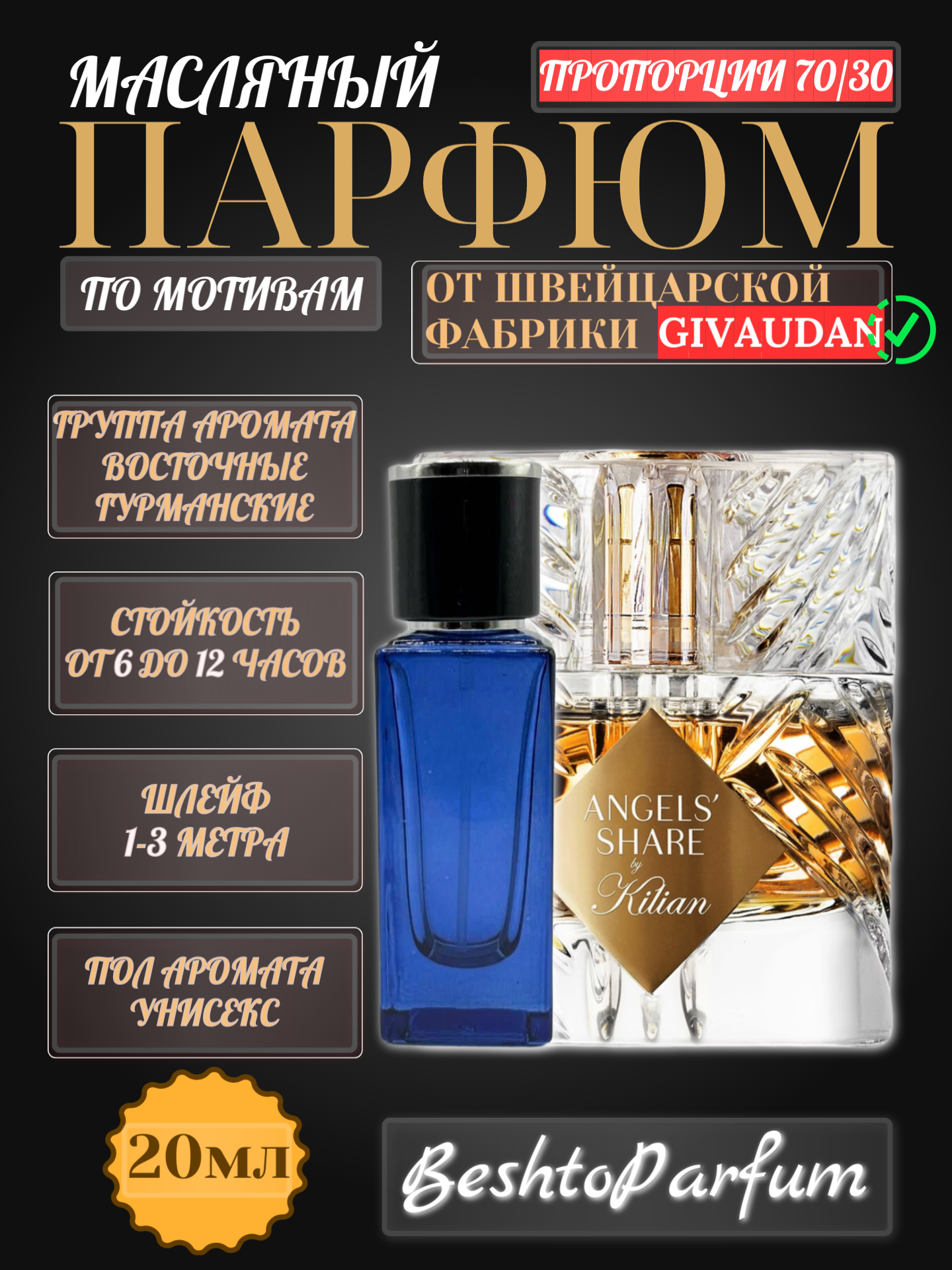 Масляные духи по мотивам Kilian Angels’ Share — стойкий сладкий гурманский аромат / 20мл
