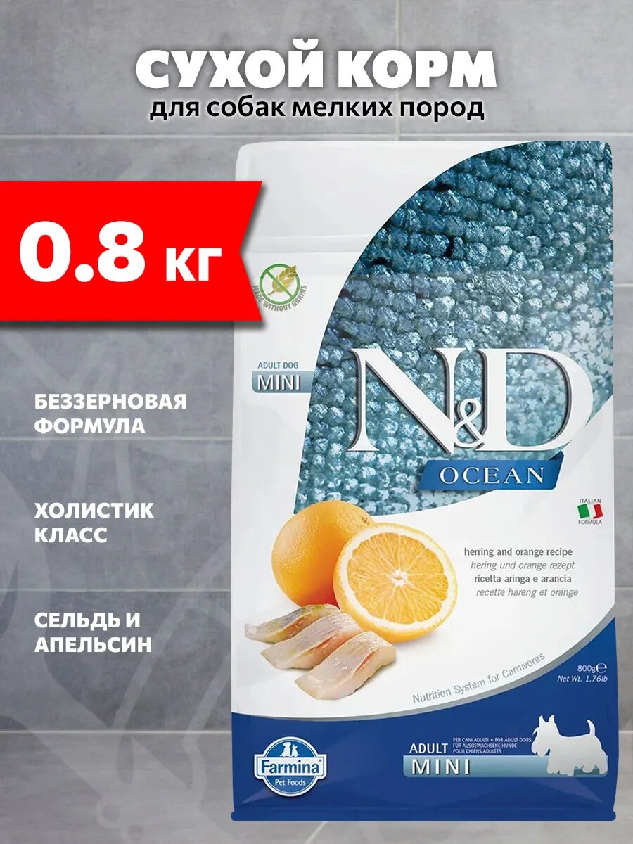 Корм сухой Farmina Dog N&D Ocean Adult Mini Herring & Orange беззерновой для взрослых собак мелких пород, сельдь, апельсин, 0,8 кг