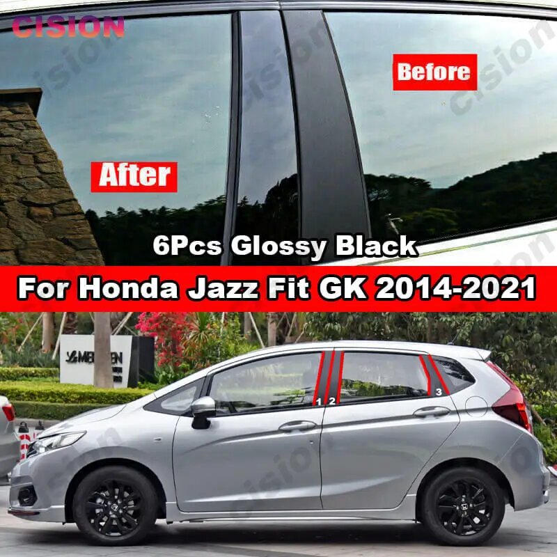 Для Honda Jazz Fit GK 2014-2021 зеркальный эффект, окно, дверная колонка, крышка стойки B C, отделка из углеродного волокна, глянцевая черная наклейка из ПК