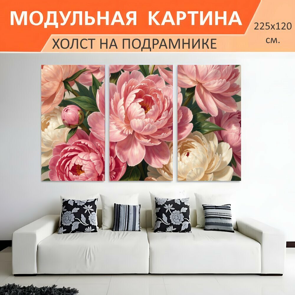 Модульная картина на холсте "Пышные розовые пионы. Живописная цветочная композиция с крупными махровыми бутонами в нежно-розовых." триптих на подрамнике 225х120 см. для интерьера