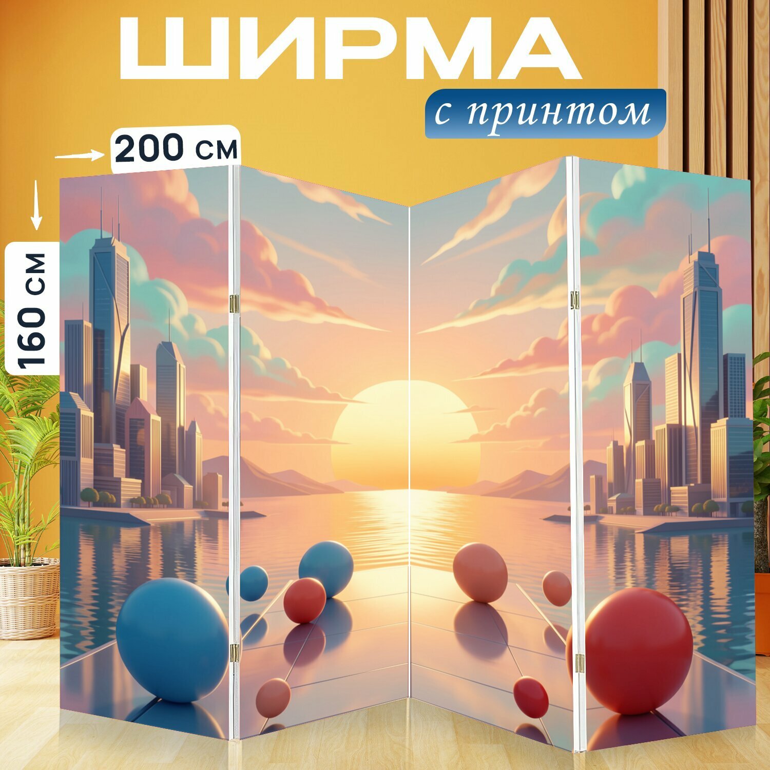 Ширма "Футуристический город на закате. Сияющий мегаполис у воды в стиле цифровой иллюстрации: неоновые." перегородка для зонирования комнаты с принтом 200x160 см. на холсте