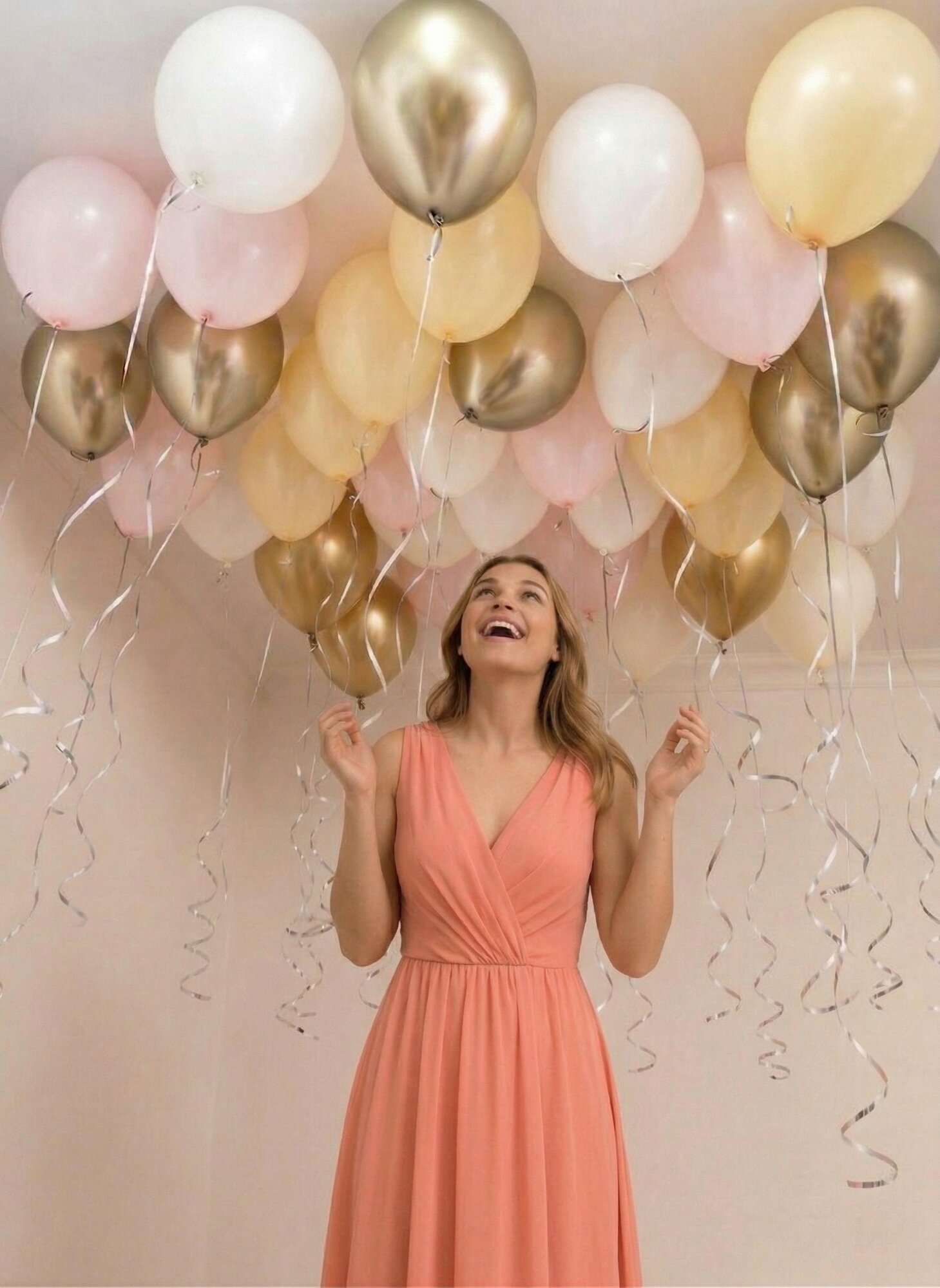 Набор гелиевых шаров, под потолок, 21 шт, розовый, золотой, белый, персиковый, уже надутые
