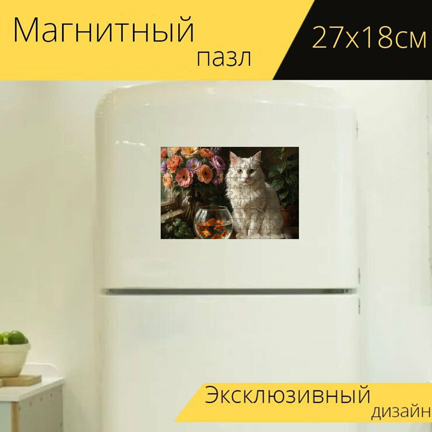 Магнитный пазл "Белый кот у аквариума с рыбками. Пушистая кошка рядом с круглой стеклянной чашей с золотыми рыбами, букетом нежных цветов и комнатными." на холодильник 27 x 18 см.