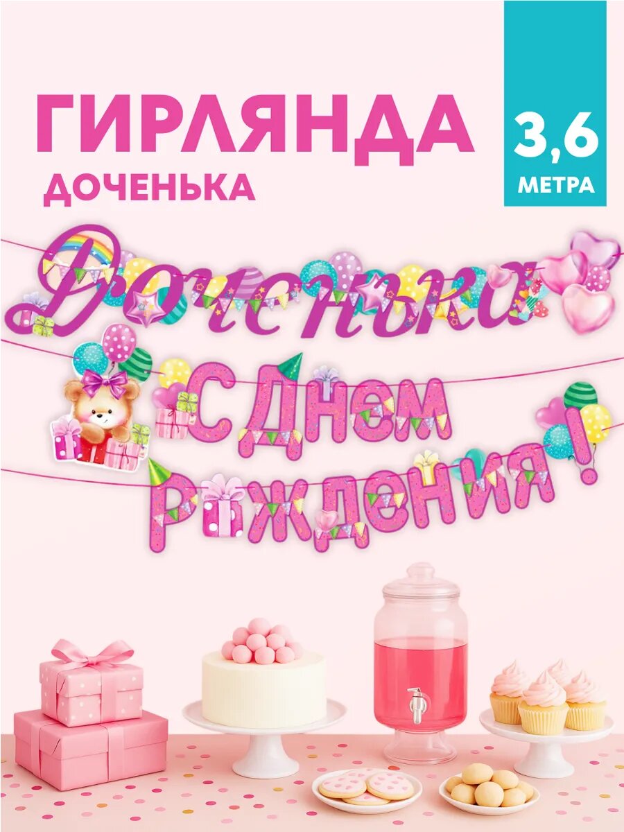 Гирлянда С Днем Рождения Доченька, растяжка бумажная, 360 см. Украшение, фотозона, декор