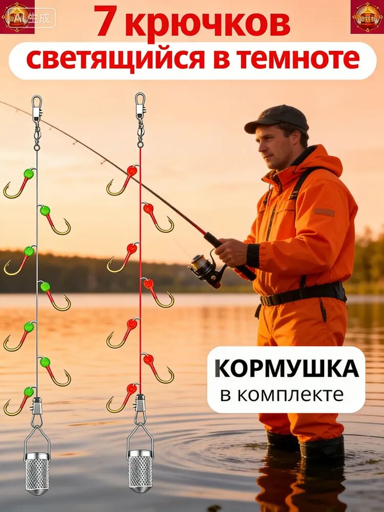 Светящаяся рыболовная гирлянда 7 крючков с кормушкой для ночной ловли и мутной воды