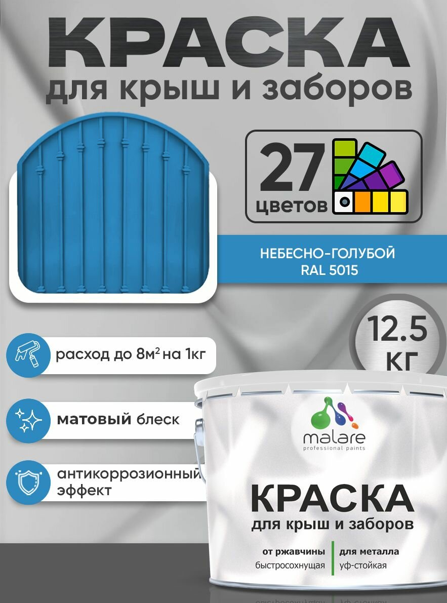 Краска по металлу Malare для крыш и заборов по ржавчине, для наружных работ, быстросохнущая износостойкая RAL 5015 небесно-голубой, матовая, 12,5 кг