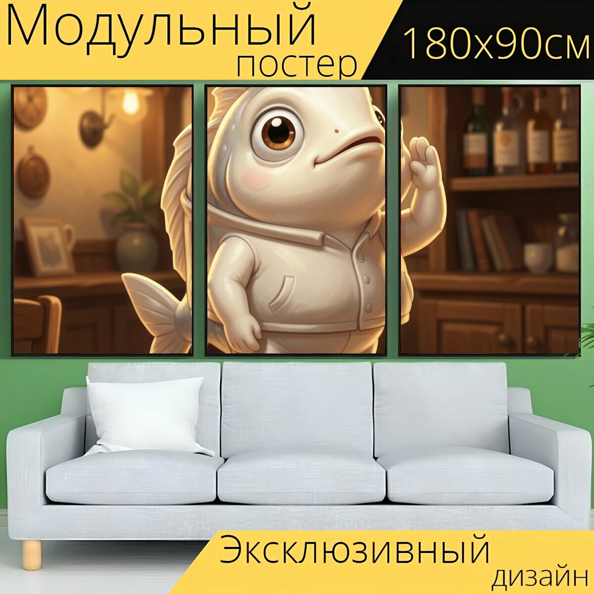 Модульный постер "Смешная рыбка в худи. Очаровательный морской герой в светлой одежде стоит на деревянном столе в уютной кухне; мягкий." 180 x 90 см. для интерьера на стену в тубусе