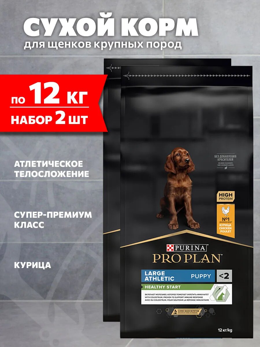 Корм сухой Pro Plan Healthy Start Puppy Large Athletic для щенков крупных пород с атлетическим телосложением, курица, 12 кг 2 шт